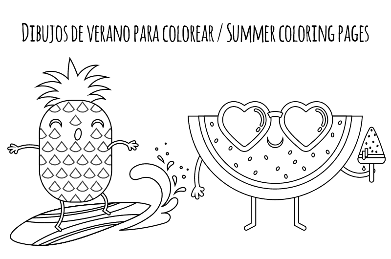 Dibujos de verano. Fruta tomando el sol en la playa.