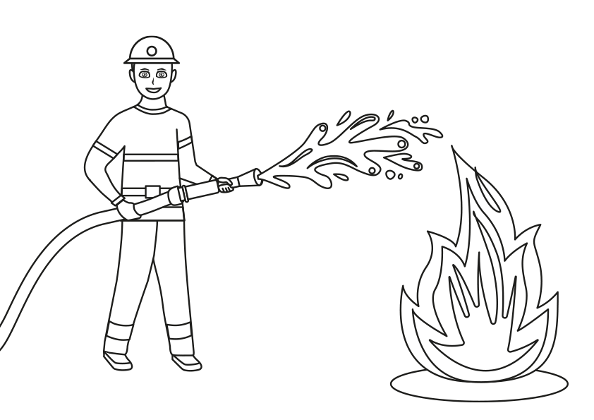 Dibujo de un bombero con una manguera con agua apagando un fuego. Firefighter with a hose with ...