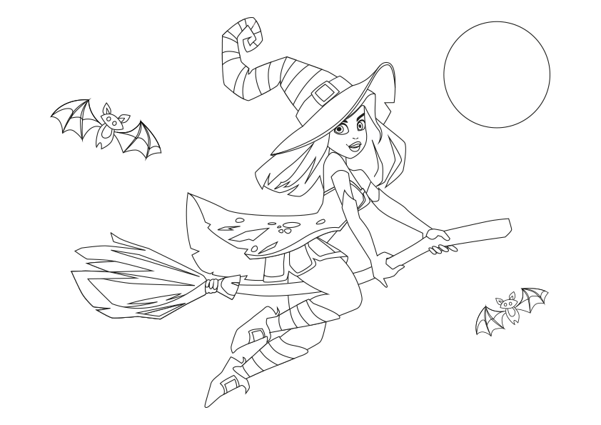 Dibujos de Halloween para colorear, bruja volando en una escoba