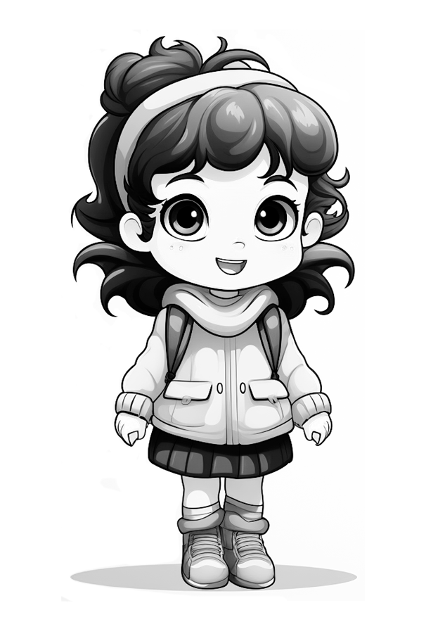 Ilustración de dibujos animados en blanco y negro del libro de colorear de personaje de niña linda.