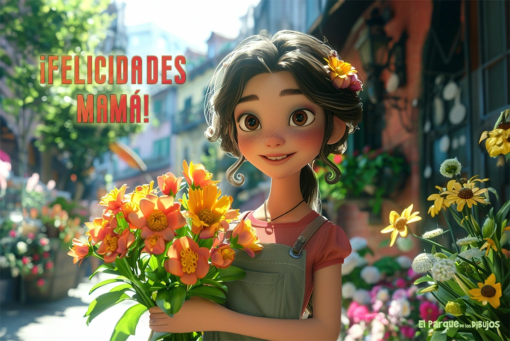Ilustración de una mamá con un ramo de flores para descargar